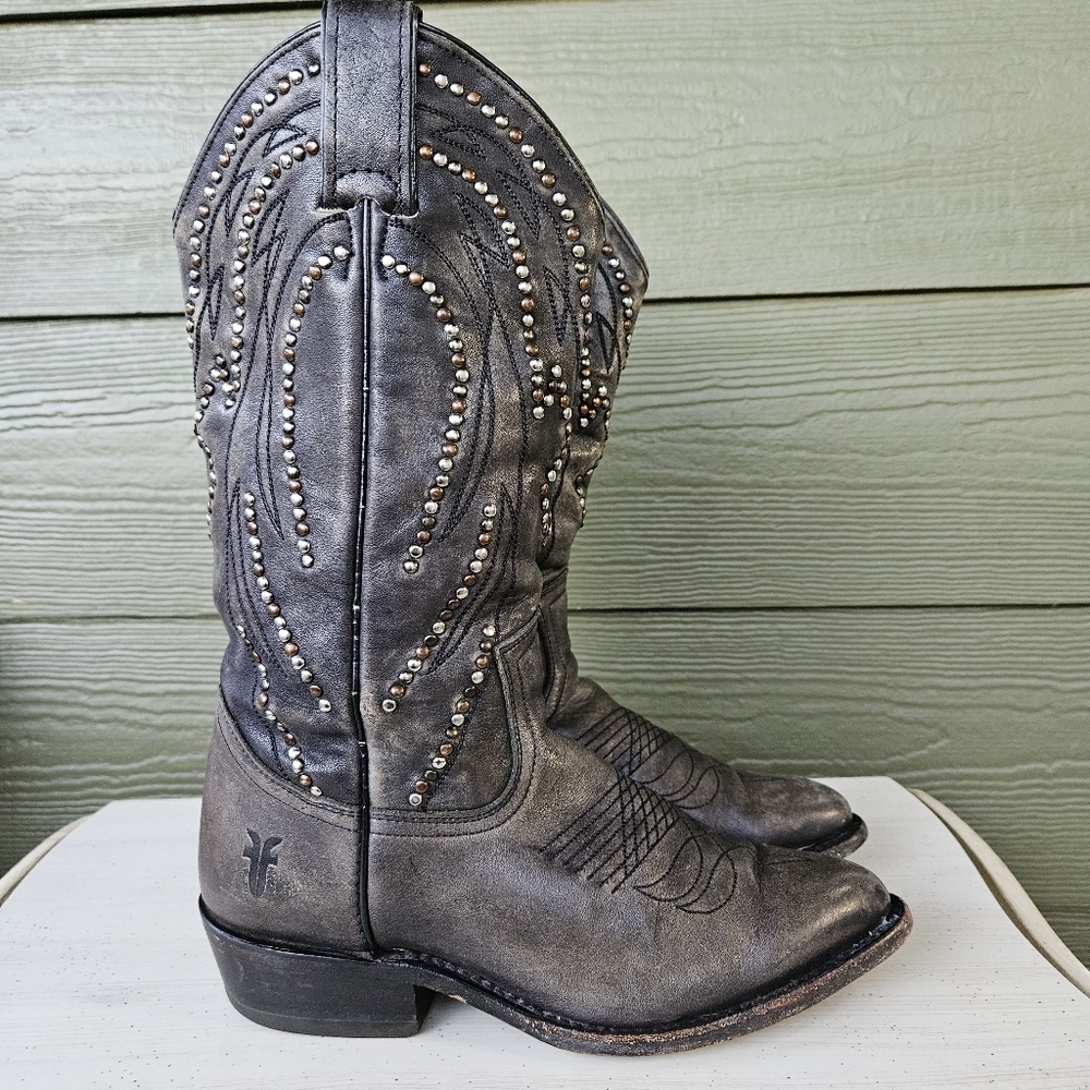 Frye Billy Studded Leather Cowboy Boots Western Black… - Gem